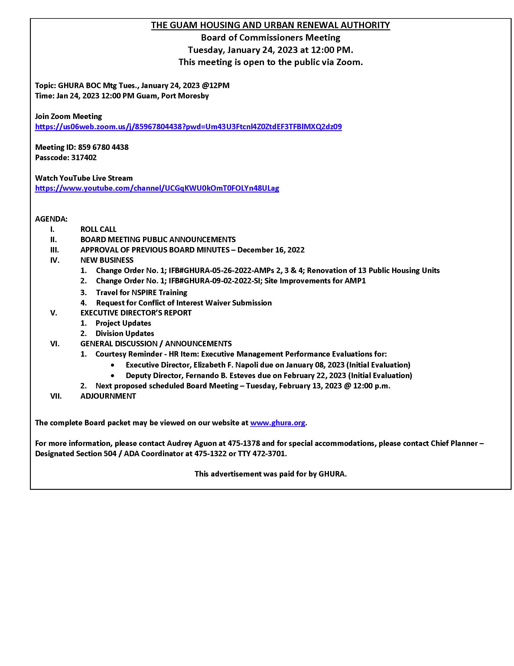Board Meeting Announcement - GHURA | Guam Housing and Urban Renewal ...