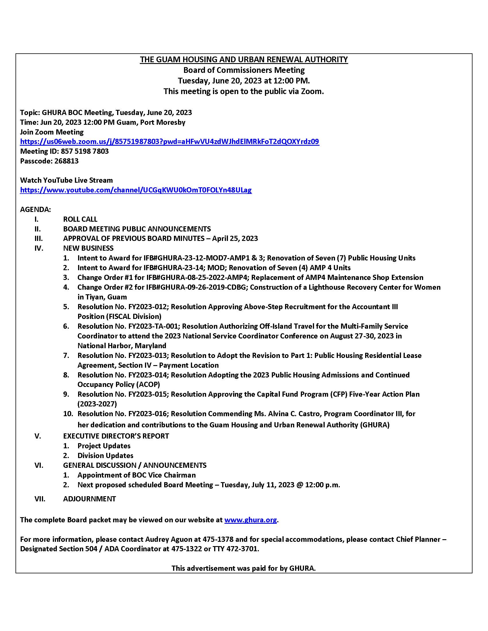 Board Meeting Announcement - GHURA | Guam Housing and Urban Renewal ...